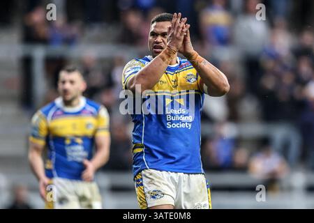 Sam Lisone of Leeds Rhinos applauds the fans after the game during the ...