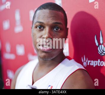 Kyle Lowry of the Toronto Raptors talks with the media during the NBA ...