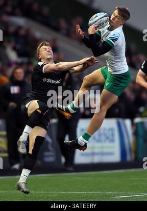 Newcastle Falcons’ Alex Hearle (left) and Northampton Saints’ Will ...