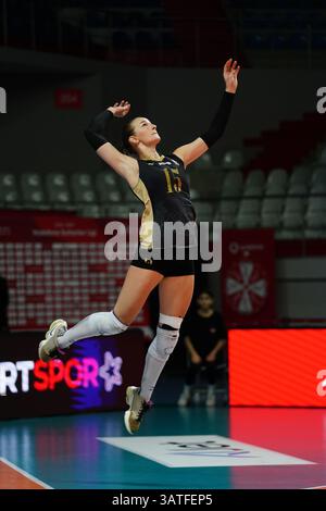 ISTANBUL, TURKIYE - APRIL 13, 2025: Aleksandra Uzelac serves during ...