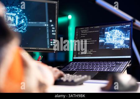 Black man programmer manages code and scripts in artificial ...