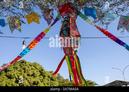 Balloons and hanging flags form a multicolored scene and decorate an ...