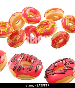 Donuts with red fruit glaze, sprinkles, white drizzle, and dots ...