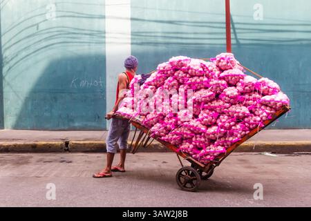 A Filipino laborer transports several sacks full of garlic through the ...