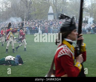 Lexington, USA. 19th Apr, 2025. Reenactors playing British Redcoats ...