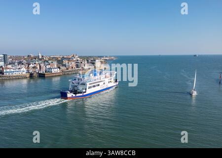 Aerial view of the MV St Faith, Wightlink ferry departing Portsmouth ...