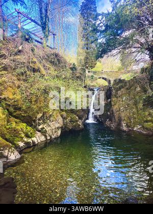 A picturesque view of Rydal Falls in the Lake District, UK. This scenic ...