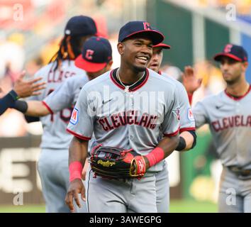 Cleveland Guardians' Angel Martínez runs runs the bases after hitting a ...