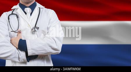 Doctor with stethoscope on Dutch flag. Doctor holding stethoscope on ...