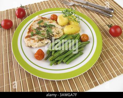Chicken schnitzel, beans and potatoes Stock Photo - Alamy