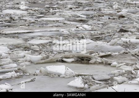 Nature, melting shelf ice structures in a frozen river, Province of ...