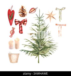 Hand drawn watercolor Christmas tree with garlands, gold star and ...