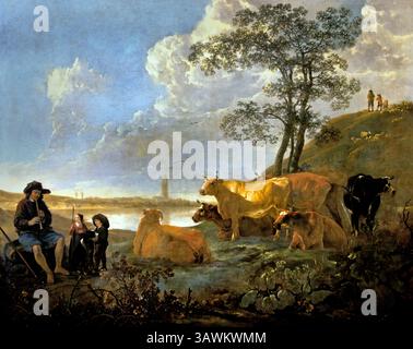 Aelbrecht CUYP 1620 - 1691 Landscape near Rhenen grazing cows and a ...