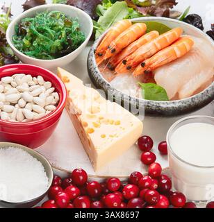 Healthy food containing iodine - fish, vegetables, milk. Top view ...