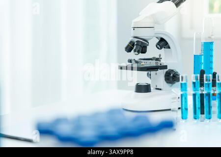 Scientist analyze biochemical samples in advanced scientific laboratory ...