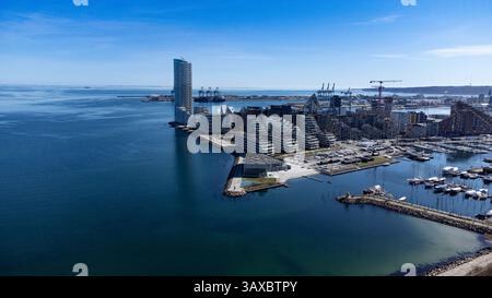Aarhus oe with Lighthouse the marina and sailsport area Stock Photo - Alamy