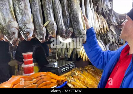 August 23, 2021, Dagestan, Russia. Dried fish is sold at the grocery ...