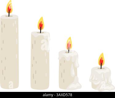 Set wax candle stages burning with fire, flame in cartoon style ...