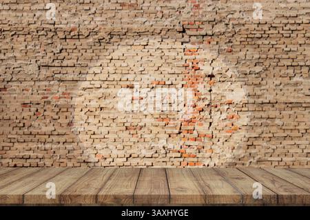 An empty wooden countertop against a brick wall Stock Photo - Alamy