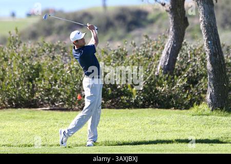 United States' Harris English hits from the rough on the fifth hole ...