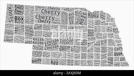 Nebraska counties map word cloud. Nebraska region names. Black and ...