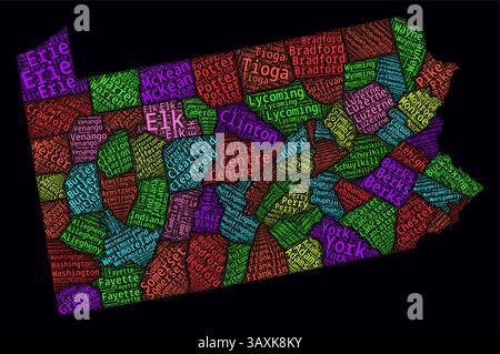Pennsylvania counties map word cloud. Pennsylvania region names. Black ...
