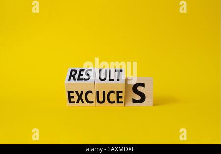 Results Excuses symbol. Wooden cubes with words Excuses and Results ...