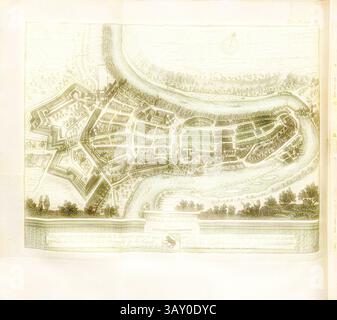 A detailed map illustrating the layout of a fortified city, featuring ...