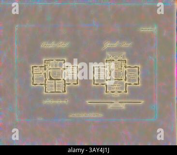 A detailed architectural blueprint featuring a symmetrical layout with ...
