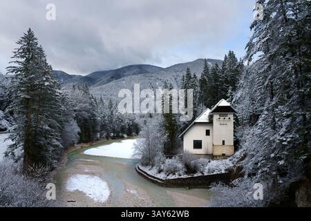 A secluded house nestled in a snowy forest overlooks a frozen pool and ...