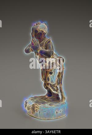 A stylized sculpture of a figure in a contemplative pose, highlighted ...