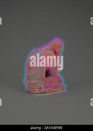 A stylized sculpture of a seated figure, hunched forward with one knee ...