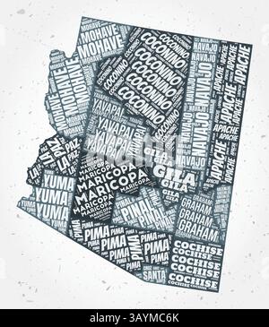Arizona counties map word cloud. Arizona region names. Black and white ...