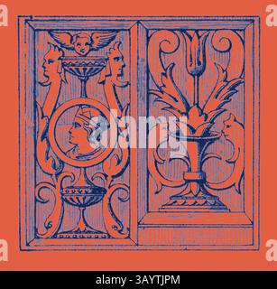 An intricate design featuring stylized faces and ornate patterns ...