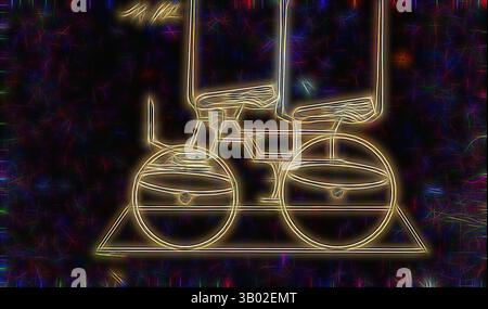 A stylized depiction of a bicycle, featuring exaggerated wheels and ...
