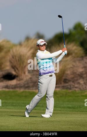 Amy Yang, of South Korea, watches her tee shot on the third hole during ...