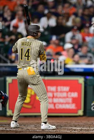 San Diego Padres' Tyler Wade watches watch his rbi single against the ...