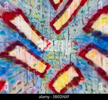A vibrant abstract composition featuring diagonal stripes and a rich ...