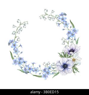 Watercolor wreath of dried flowers. Blue-pink lagurus. Isolated ...