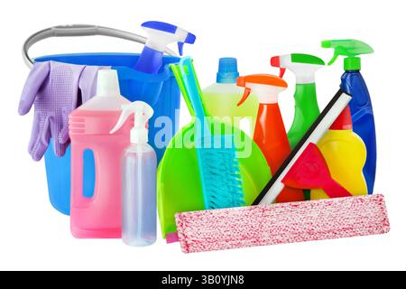 Various cleaning agents and tools isolated on white background Stock ...