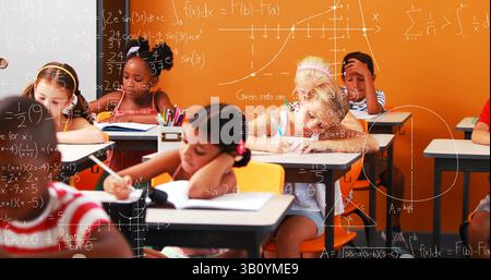 Image of math formulas over class of diverse children learning at ...