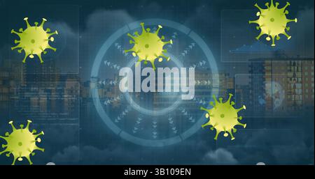 Displaying central HUD over city map showing mesh ring, arrow, Dest ...