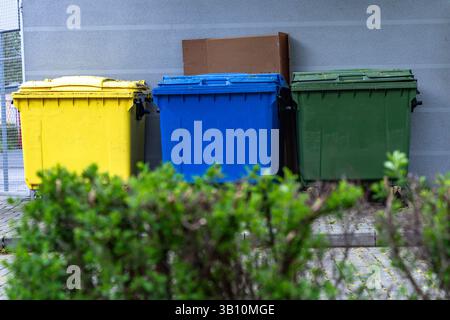 Colored garbage cans, waste segregation, paper, glass, bio-waste Stock ...