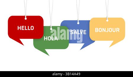 Paper speech bubbles with greetings in different languages hanging on ...