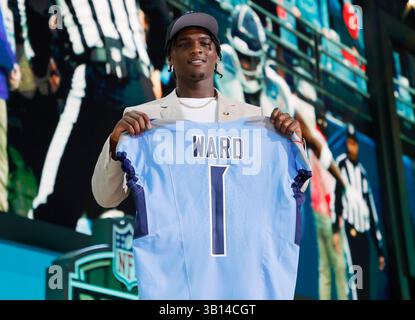 Tennessee Titans quarterback Cam Ward (1) walks across the field after ...