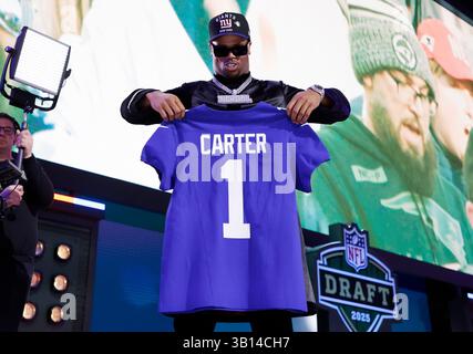 New York Giants linebacker Abdul Carter (51) poses after the NFL football team's rookie minicamp ...
