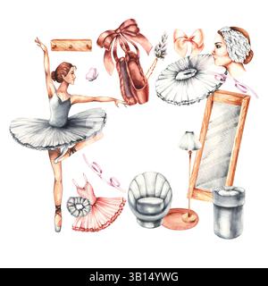 Watercolor ballet frame with ballerinas and accessories. Ballerinas ...