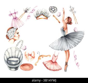 Watercolor ballet frame with ballerinas and accessories. Ballerinas ...