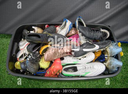 A selection of rugby boots at an indoor training facility, UK Stock ...