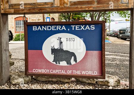 Flag of Bandera, displayed on Main Street in Bandera, Texas, USA Stock ...